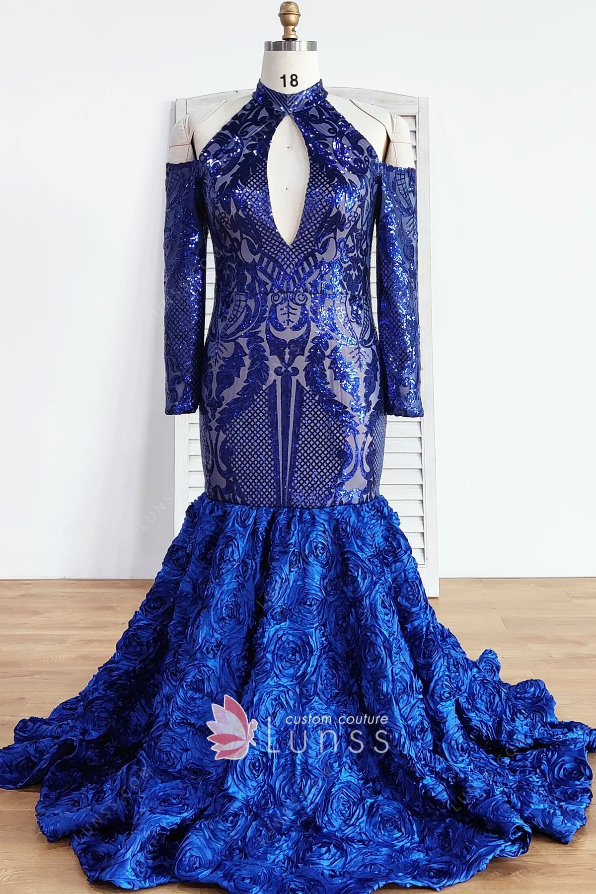 Blue Sequin & Rosette Keyhole Neck Mermaid Prom Dress - Lunss