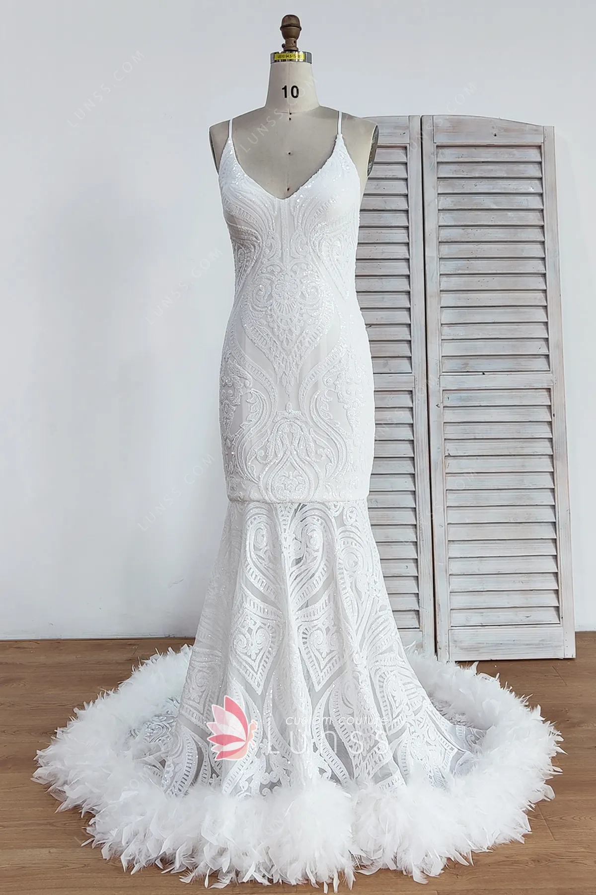 Unique White Sequin with Feather Mermaid Prom Dress - Lunss