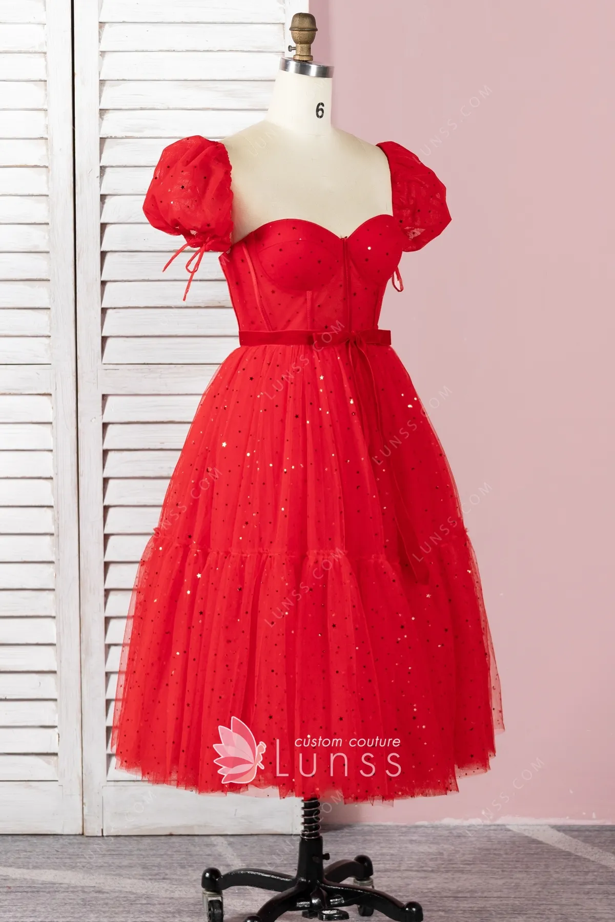 Sequinned Rooi Tule Pofmou Corset Homecoming Rok - Lunss