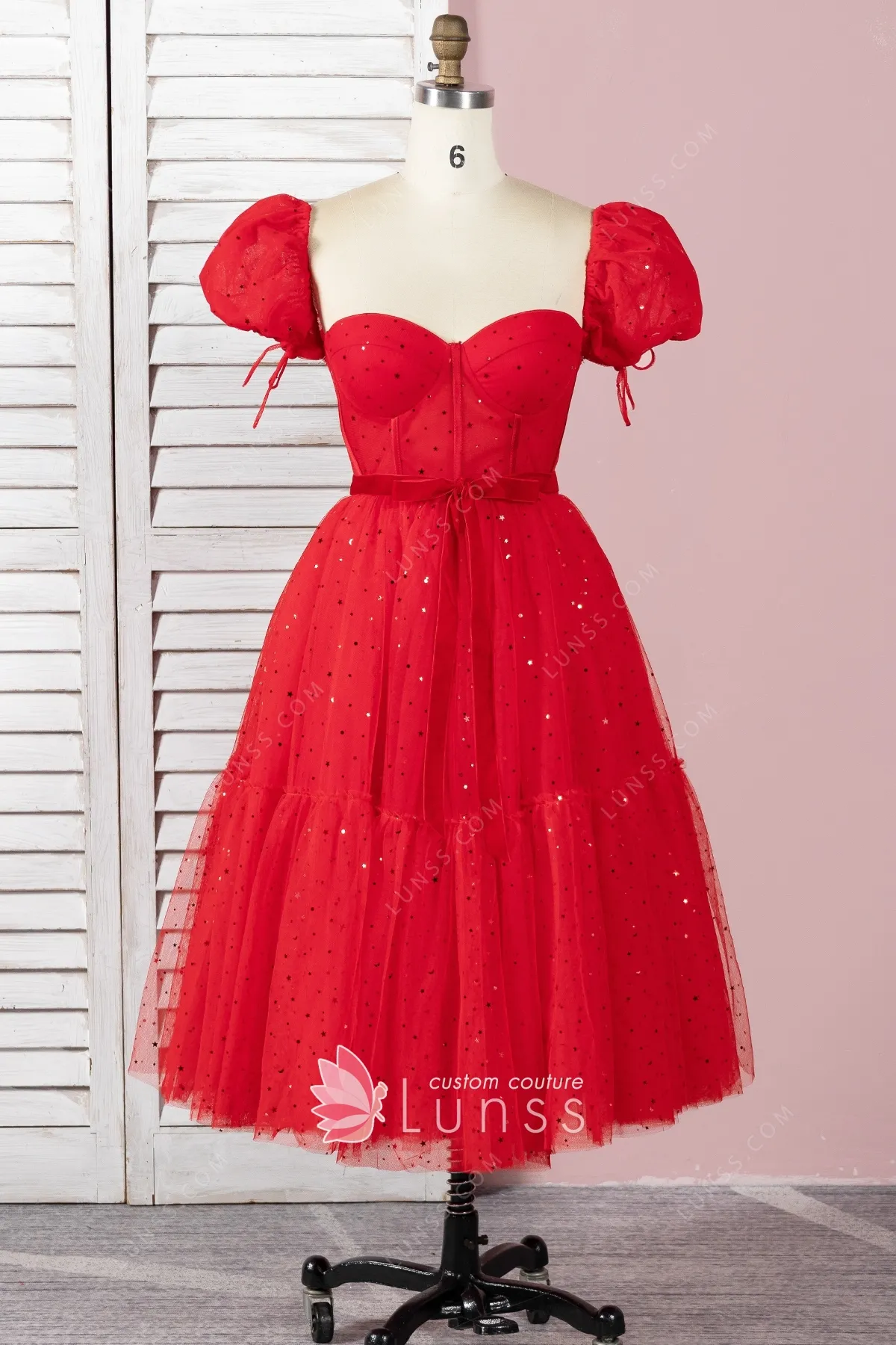 Sequinned Rooi Tule Pofmou Corset Homecoming Rok - Lunss