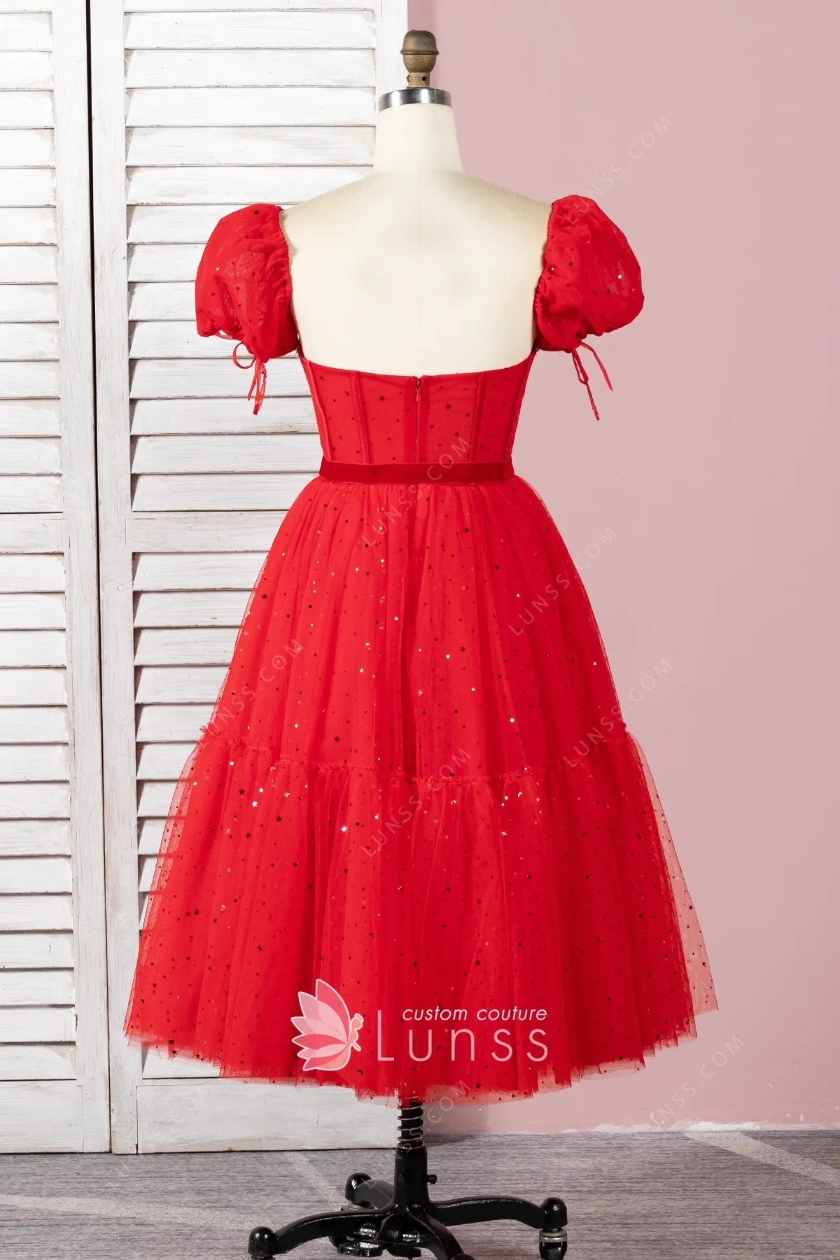 Sequinned Red Tulle Puff Sleeve Corset Homecoming Dress - Lunss