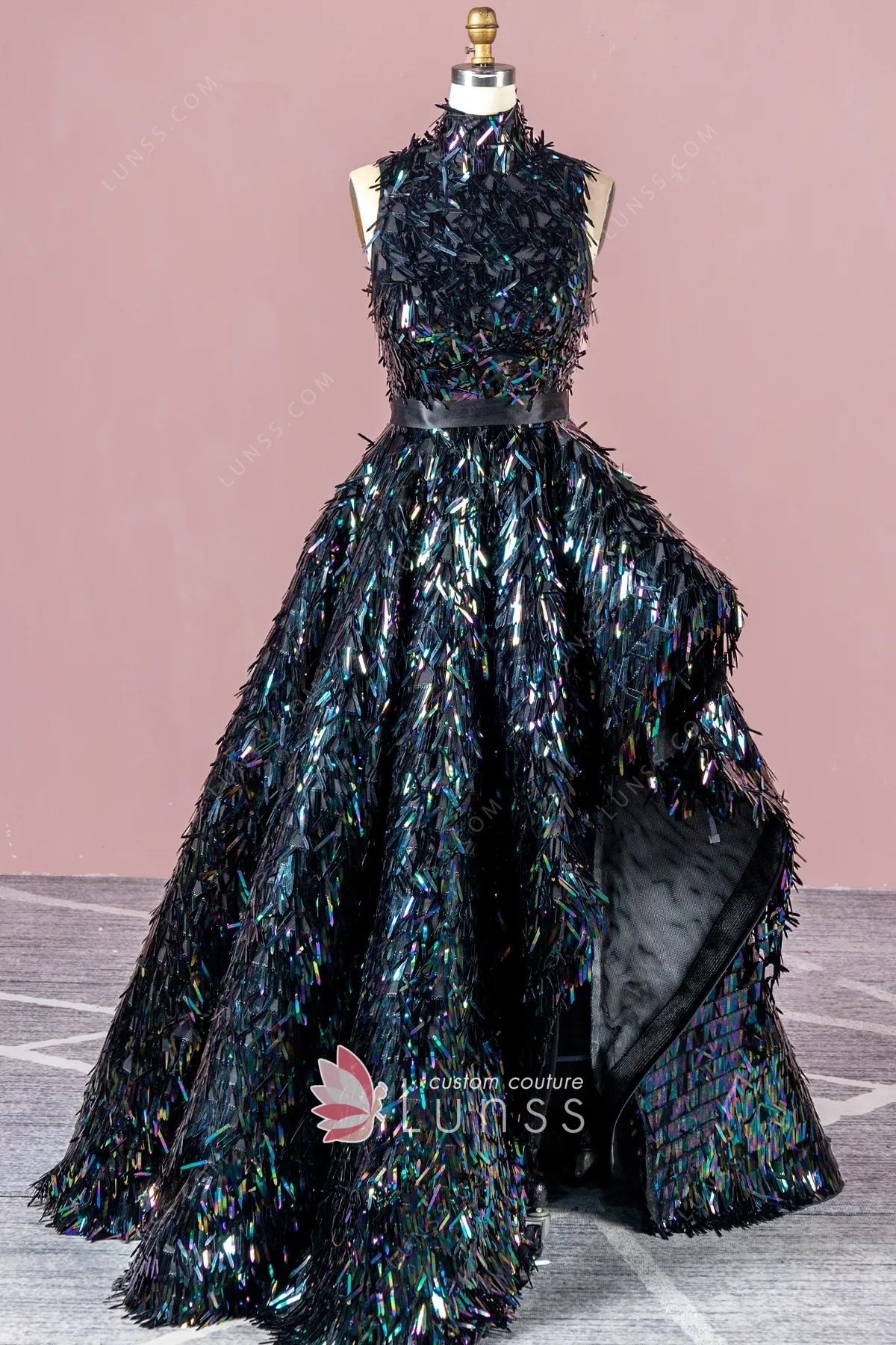 Dazzling Iridescent Midnight Long-sword Sequin Prom Gown - Lunss