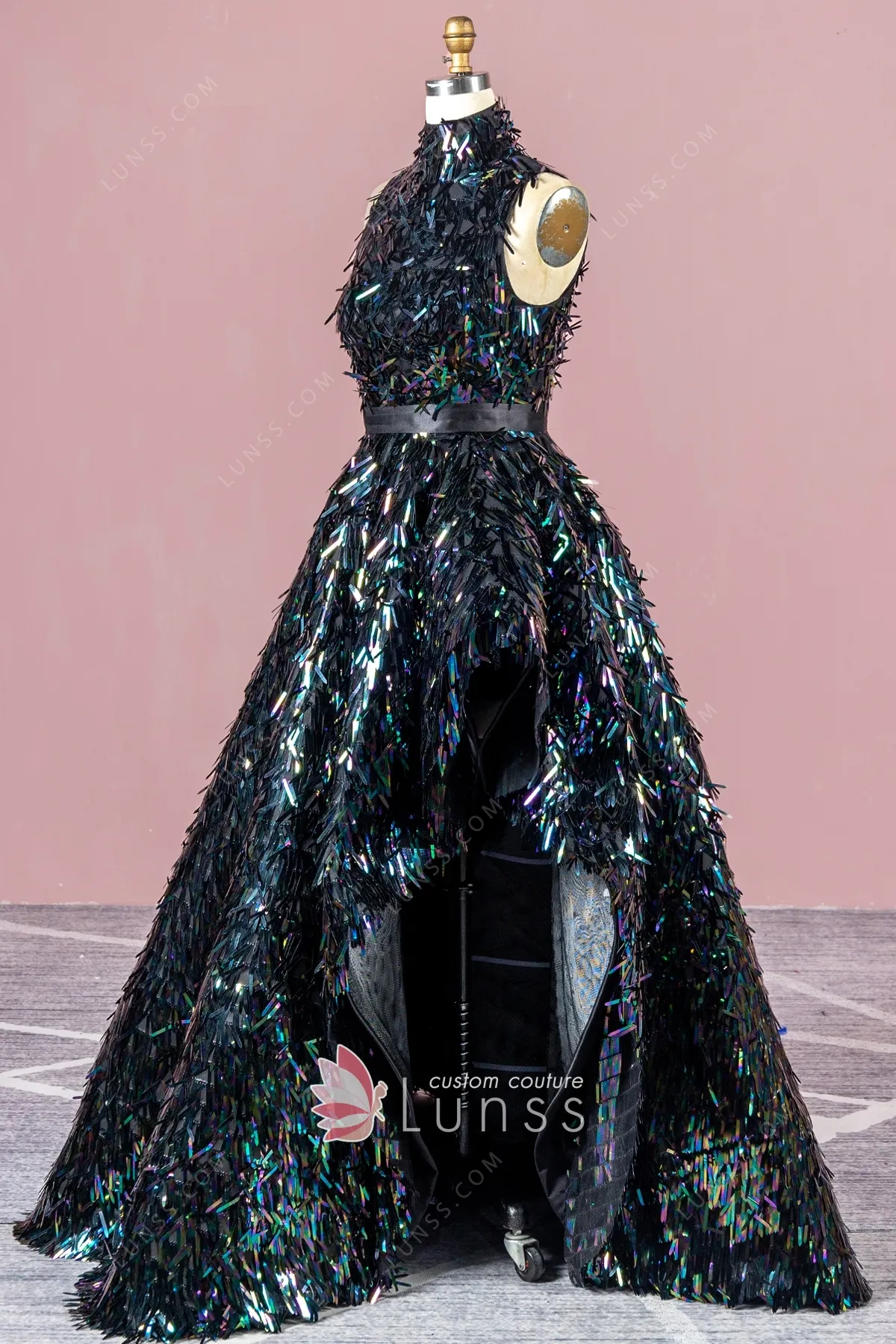 Dazzling Iridescent Midnight Long-sword Sequin Prom Gown - Lunss