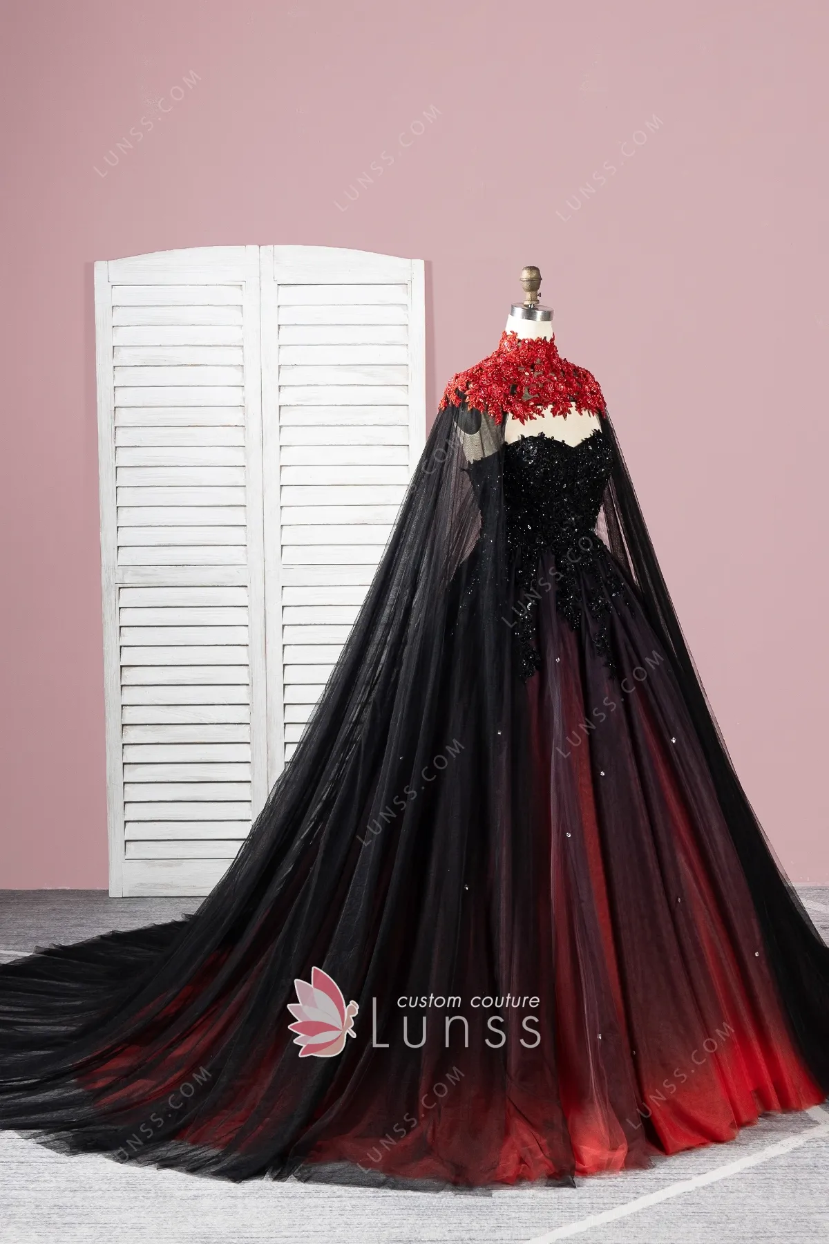 Gorgeous Black to Red Ombre Ball Gown with Cape Wrap - Lunss