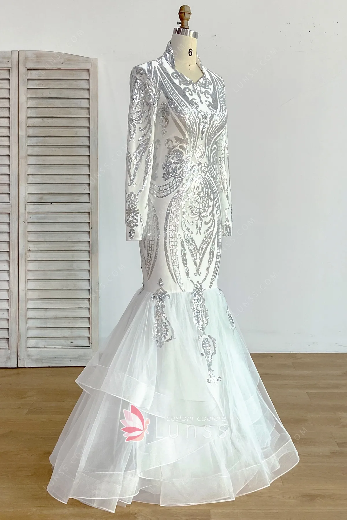 Stand Collar Long Sleeve Silver Sequin Trumpet Prom Dress - Lunss