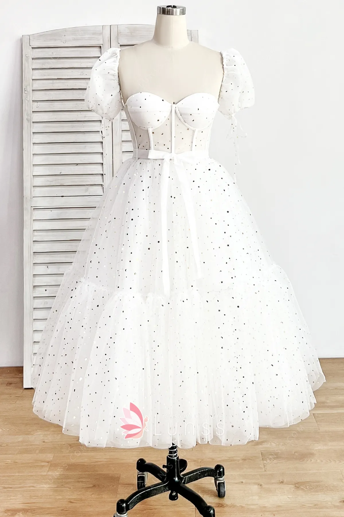 Gold Stars Moons White Short Puff Sleeve Tea-length Dress - Lunss