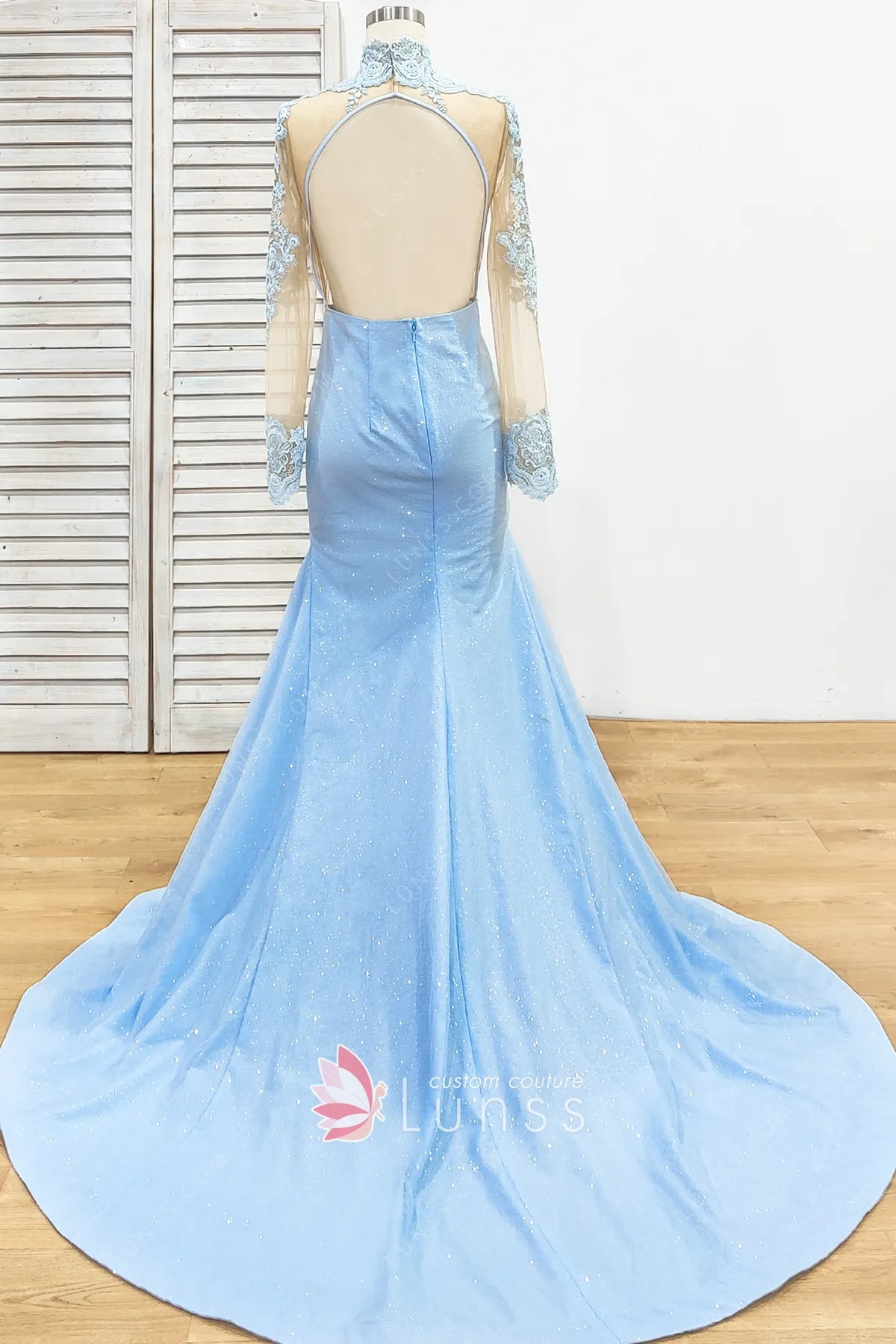 Beaded Lace Glitter Ice Blue Satin Mermaid Prom Dress - Lunss