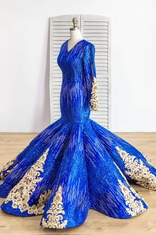 Gold Lace Appliqued Luxury Glitter Blue Trumpet Prom Gown - Lunss