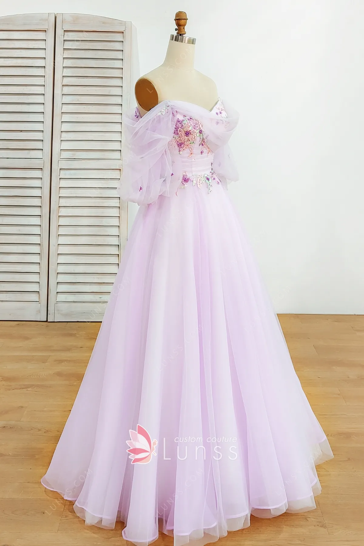 Fairytale Flowers Embroidered Lilac Tulle Evening Dress - Lunss