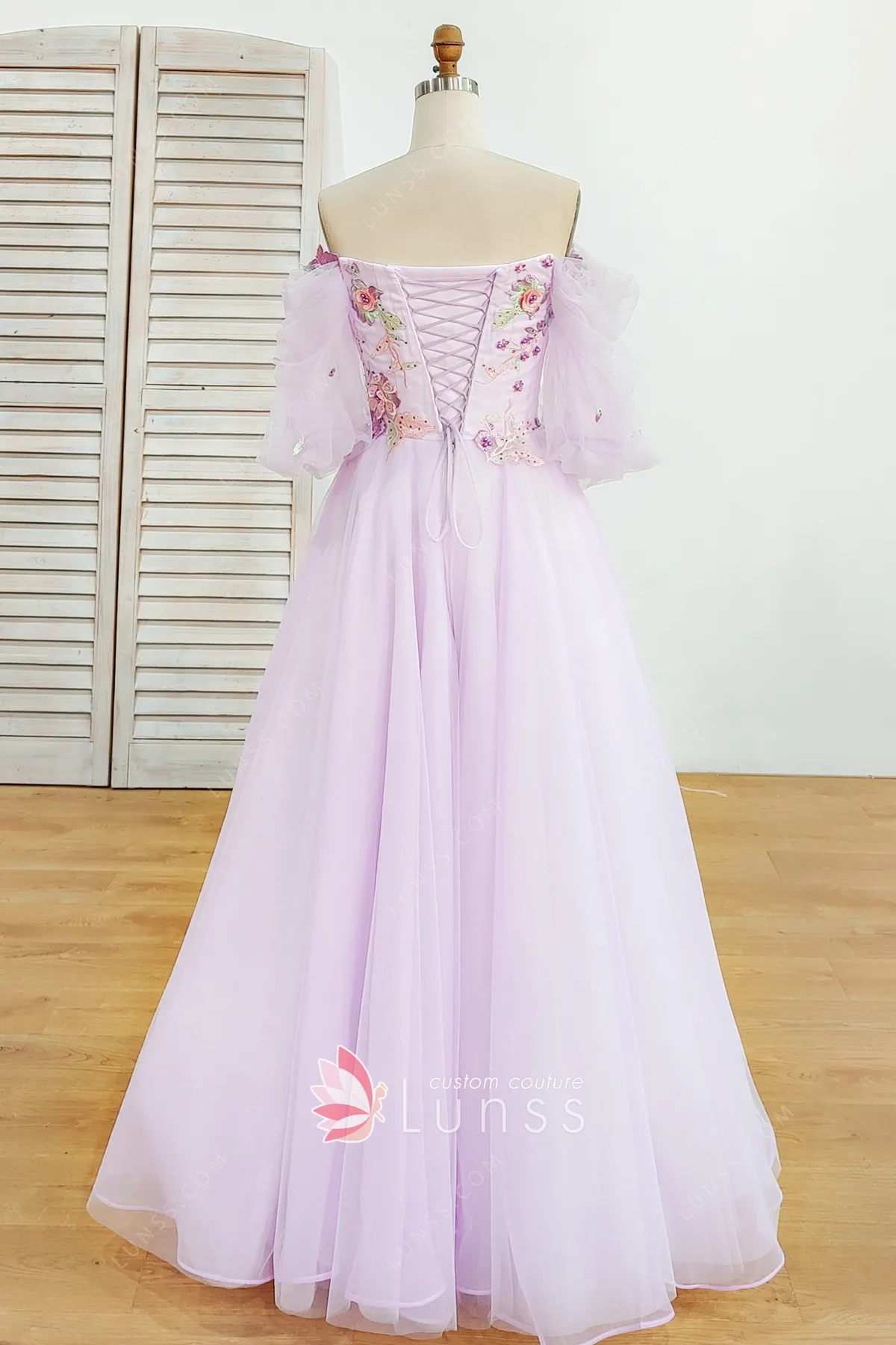Fairytale Flowers Embroidered Lilac Tulle Evening Dress - Lunss