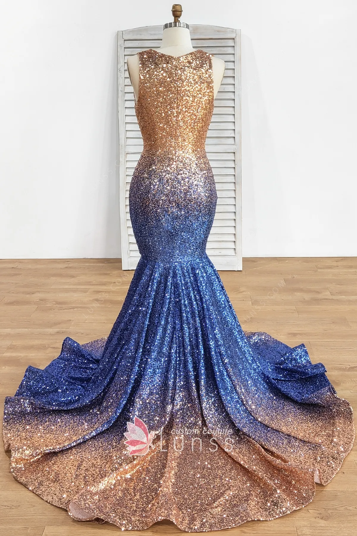 Dazzling Gold and Blue Ombre Sequin Trumpet Prom Dress - Lunss