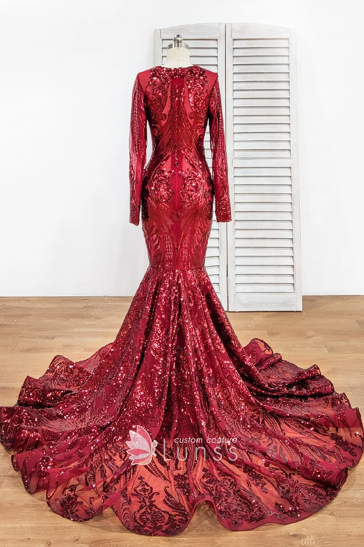 Unique Geometric Pattern Burgundy Sequin Prom Dress - Lunss