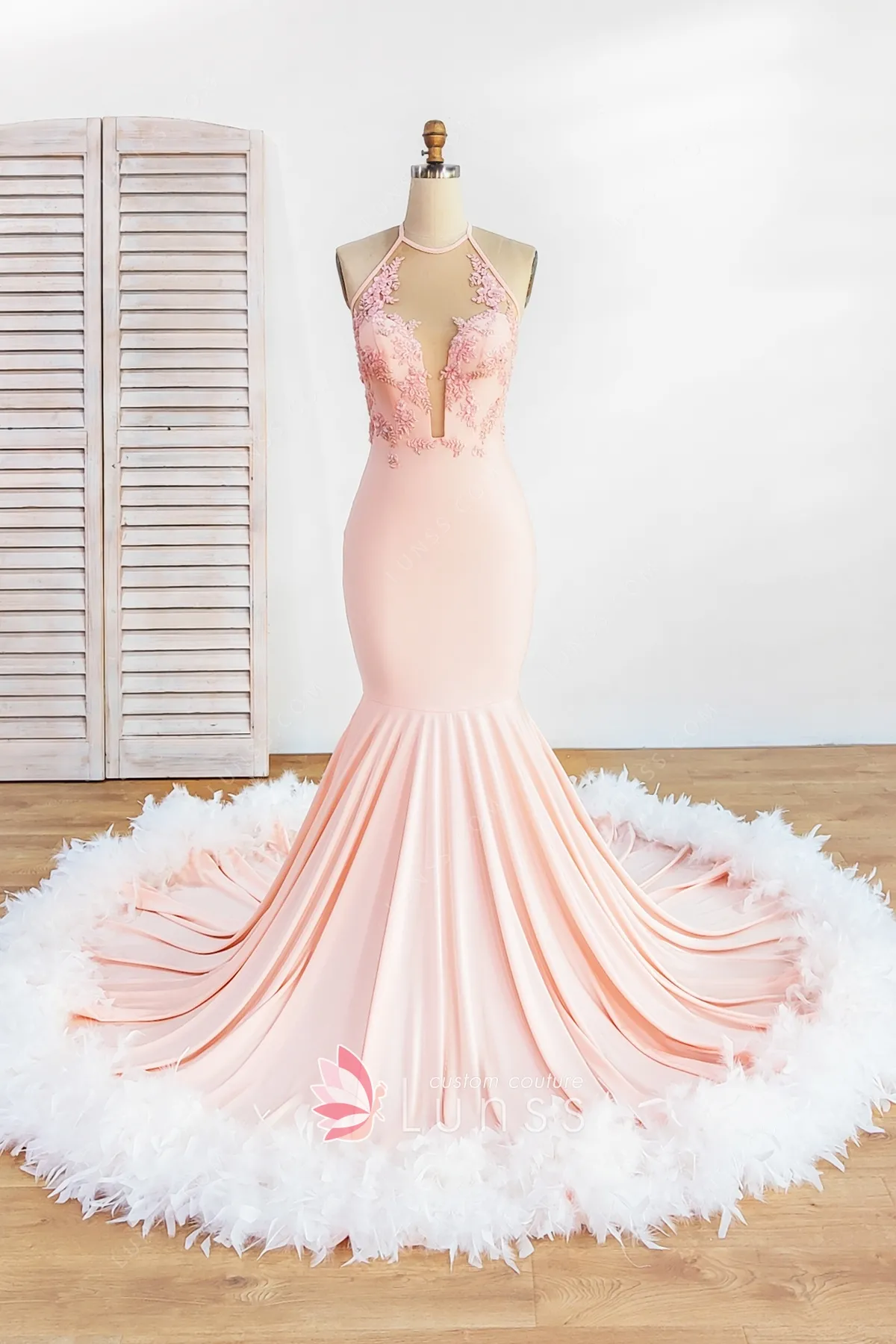 Peach Pink Mermaid Prom Dress White Feather Long Train - Lunss