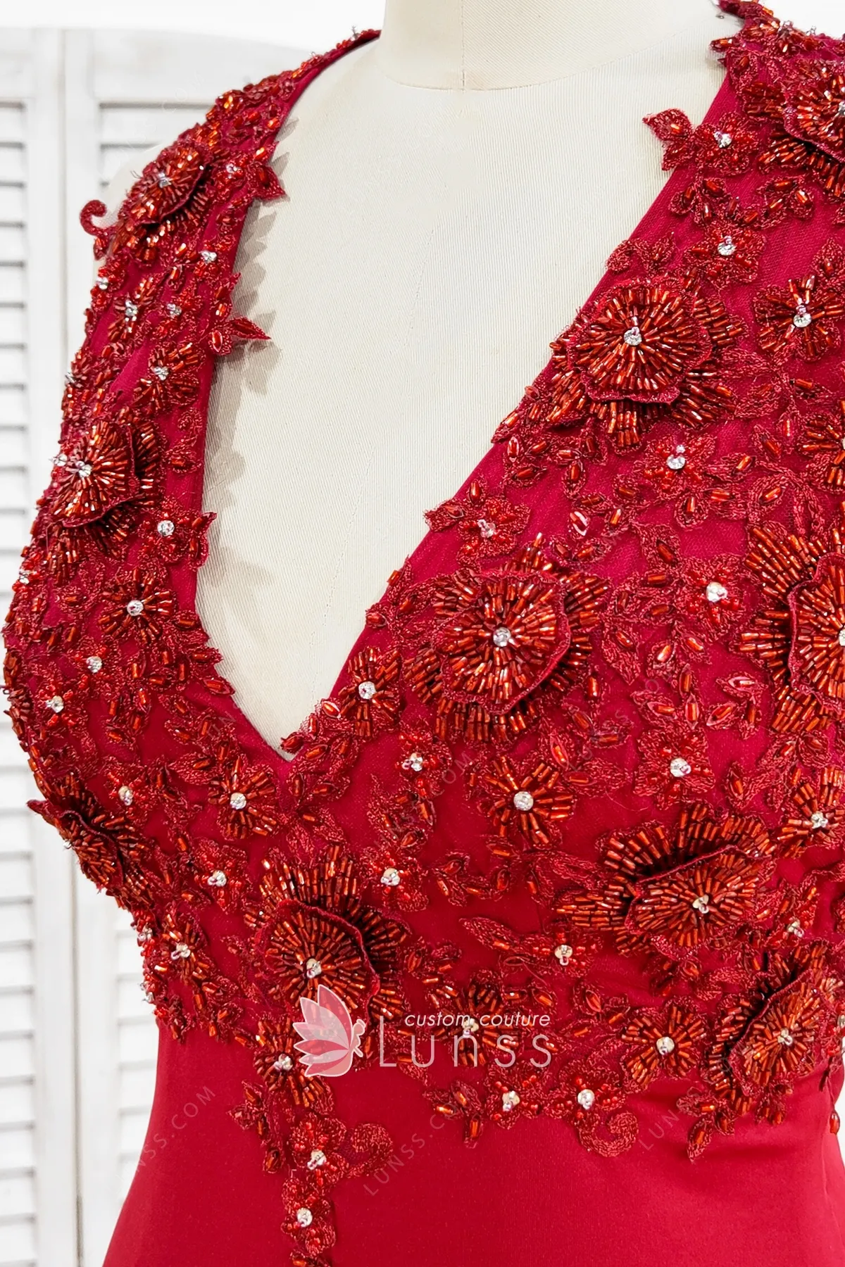 Beaded Lace Appliqued Ruby Spandex Mermaid Prom Dress - Lunss