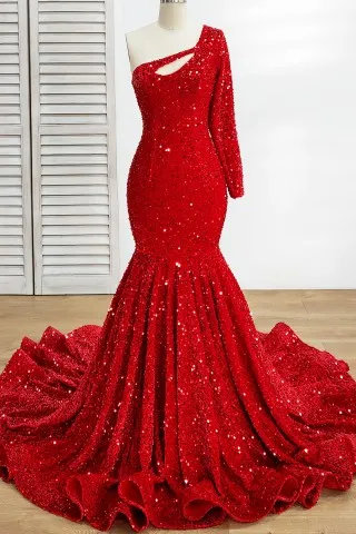 Sparkly Red Sequin Flame Neckline Trumpet Long Prom Dress - Lunss