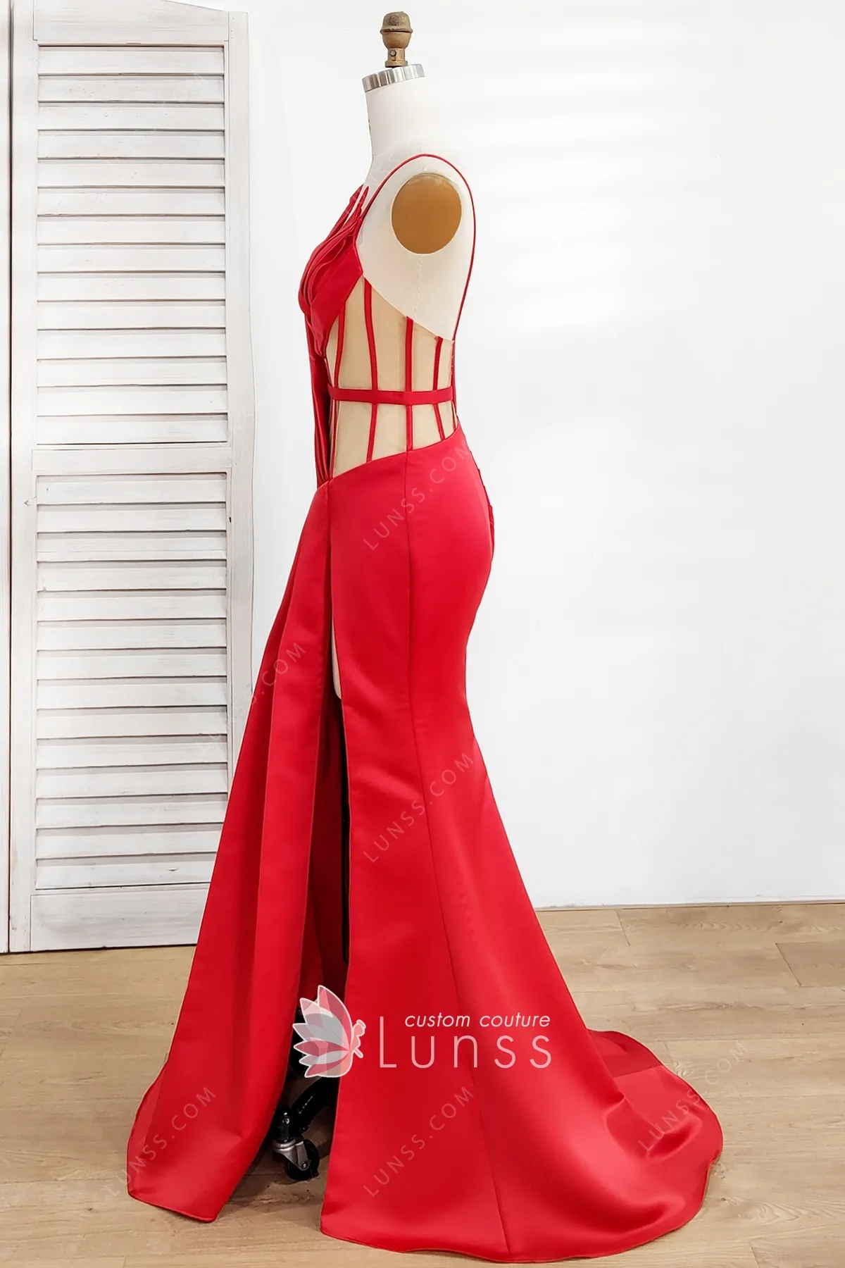 Unique Red Satin Sheer Cut-out Single Sleeve Prom Dress - Lunss