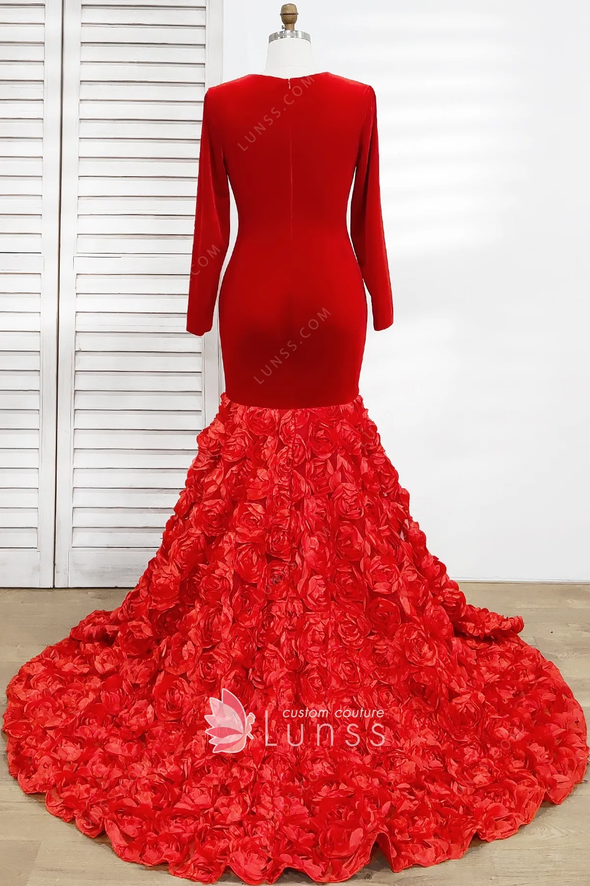 Bright Red Velvet 3D Satin Rosette Long Sleeve Prom Dress - Lunss