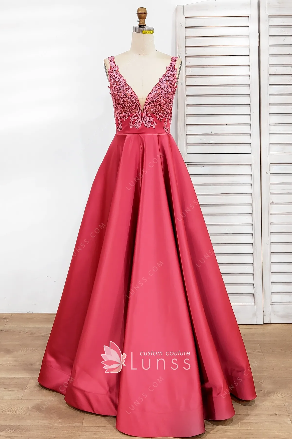 Raspberry Lace and Satin Floor Length A-line Formal Dress - Lunss