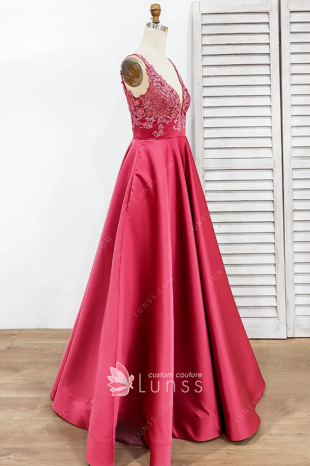 Raspberry Lace and Satin Floor Length A-line Formal Dress - Lunss
