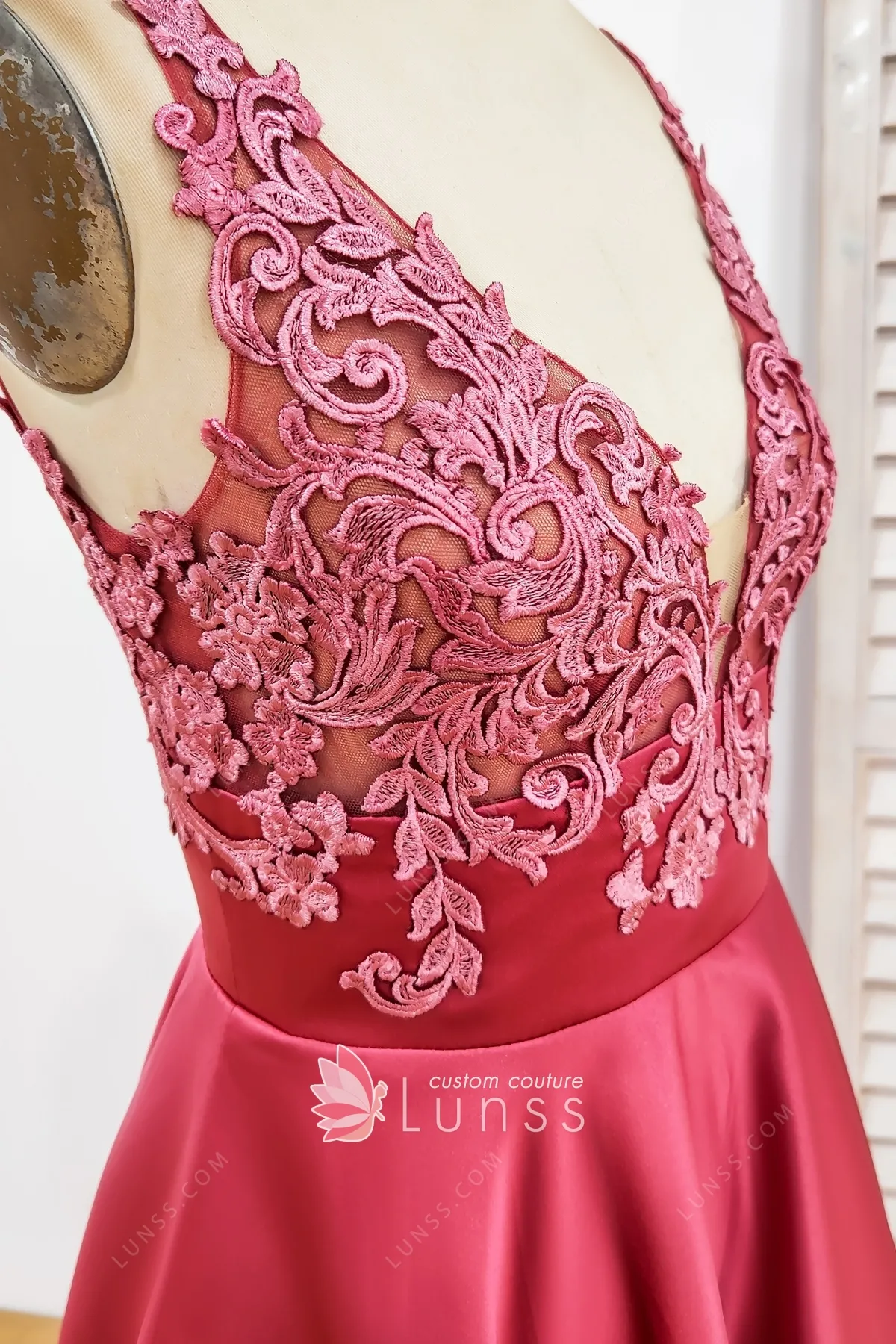 Raspberry Lace and Satin Floor Length A-line Formal Dress - Lunss