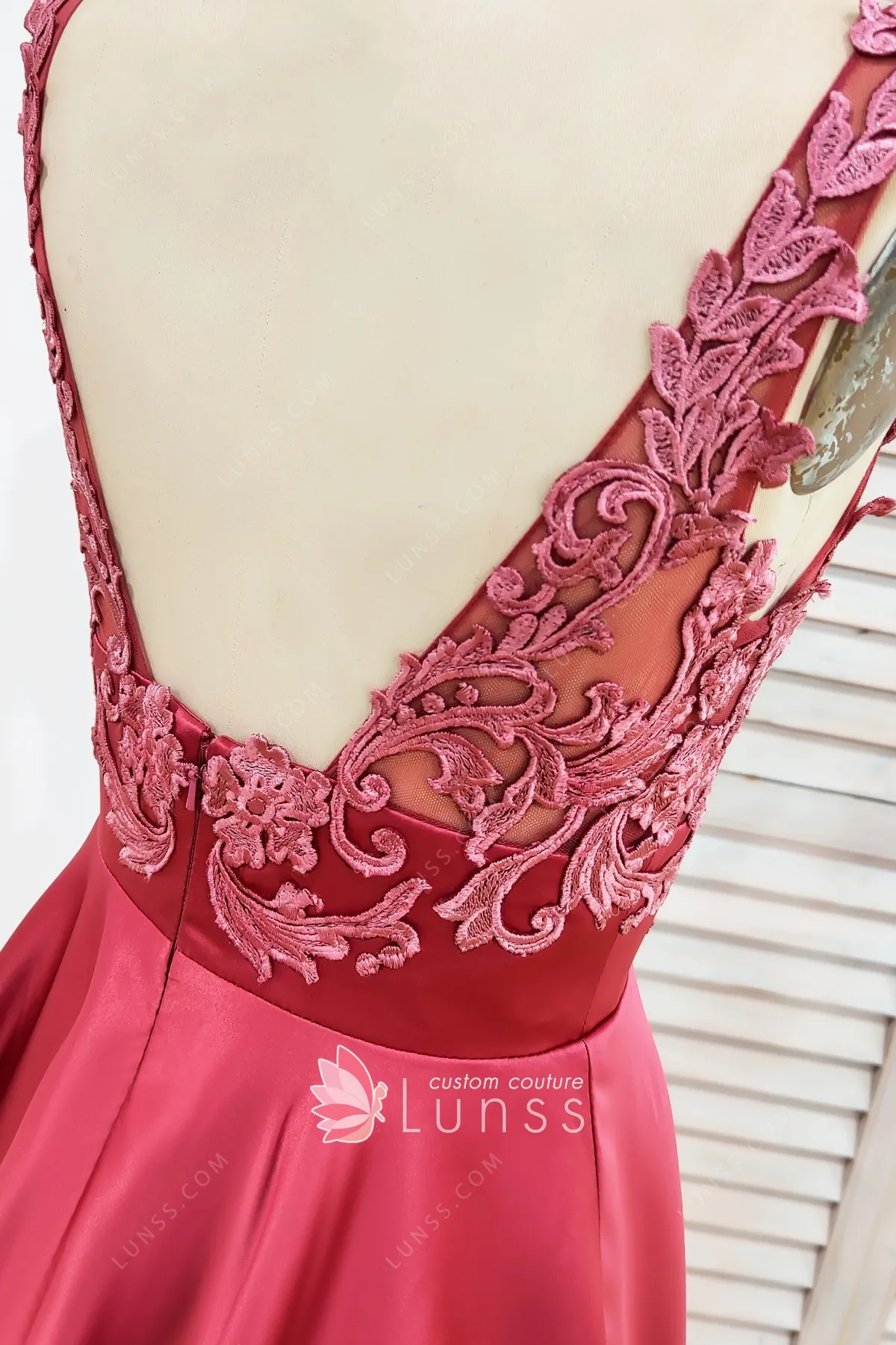 Raspberry Lace and Satin Floor Length A-line Formal Dress - Lunss