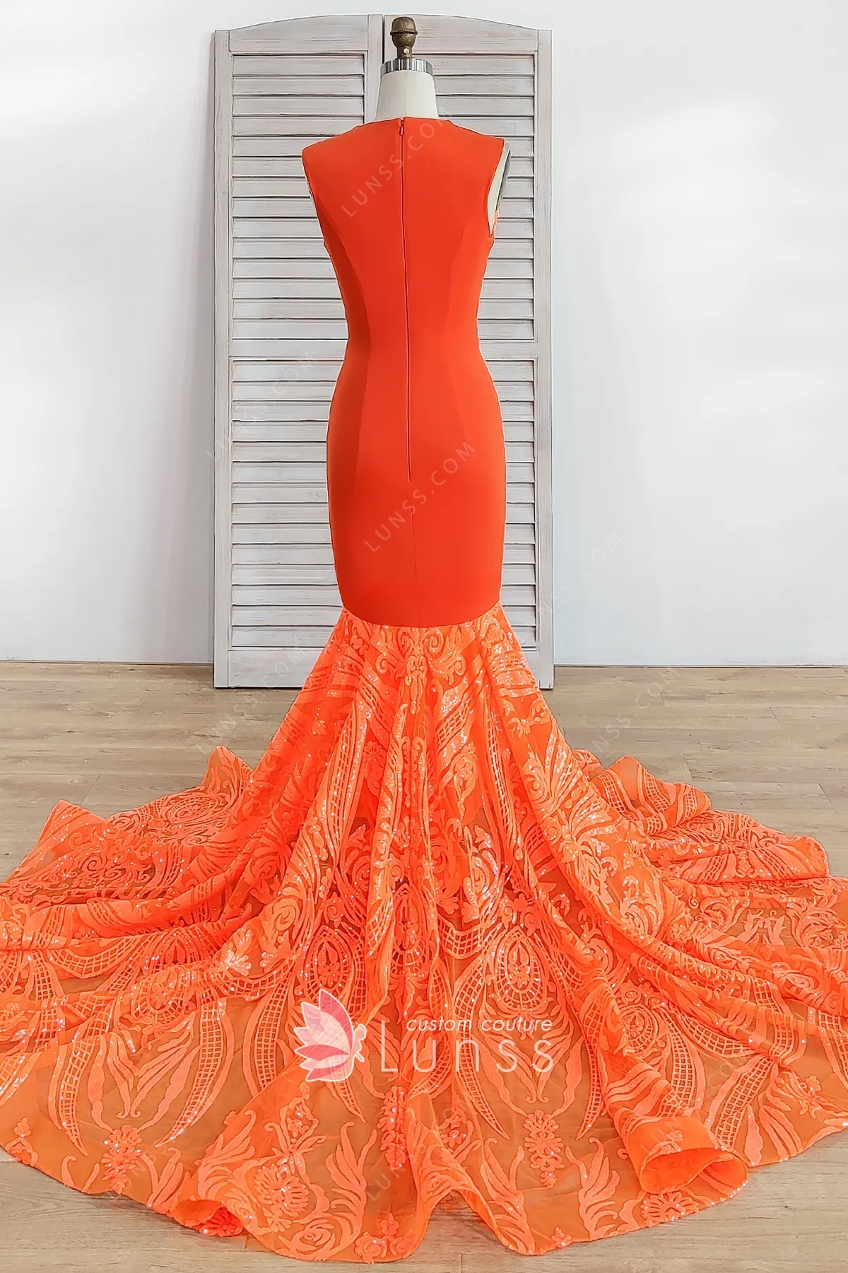Unique Plunging Neckline Orange Sequin Mermaid Prom Dress - Lunss