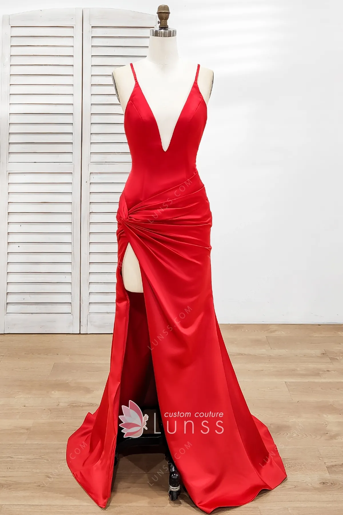 Side Draped Sleek Red Satin Slit Sexy Long Prom Dress - Lunss