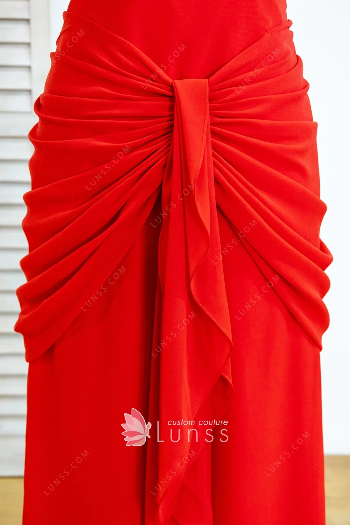 Draped Bright Red Chiffon Off-the-shoulder Formal Dress - Lunss