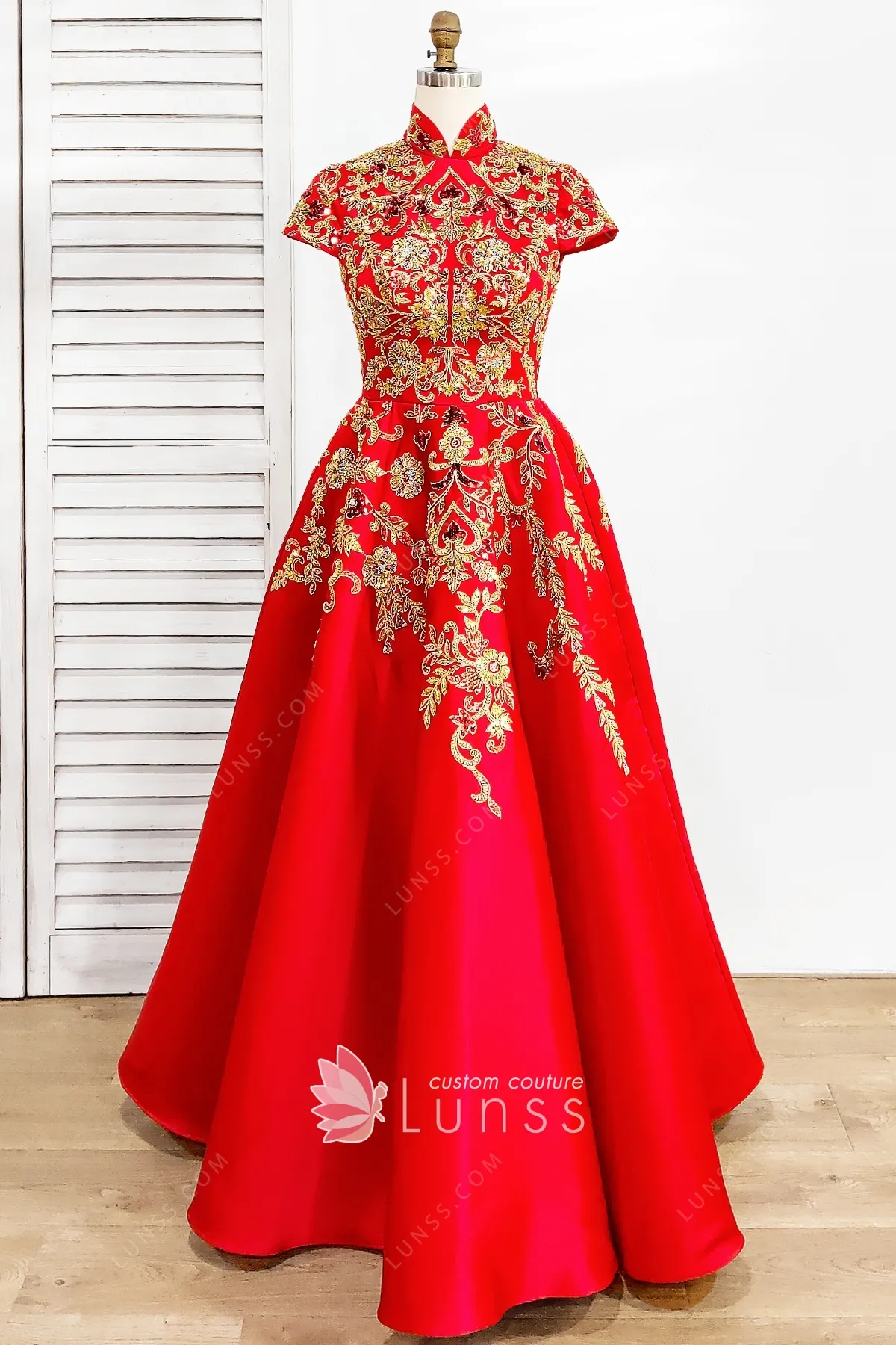 Chinese Style Gold Beadings Red Satin Long Formal Dress - Lunss