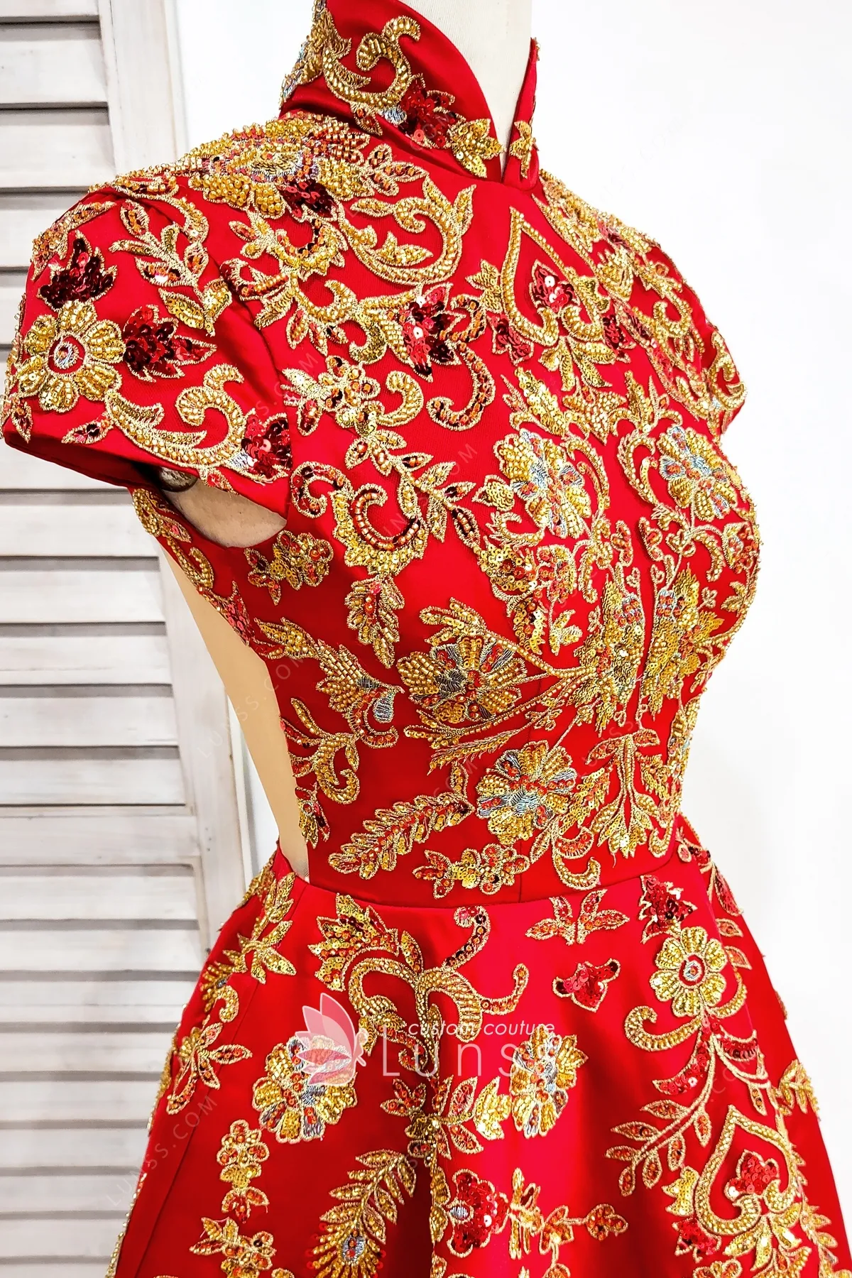 Chinese Style Gold Beadings Red Satin Long Formal Dress - Lunss