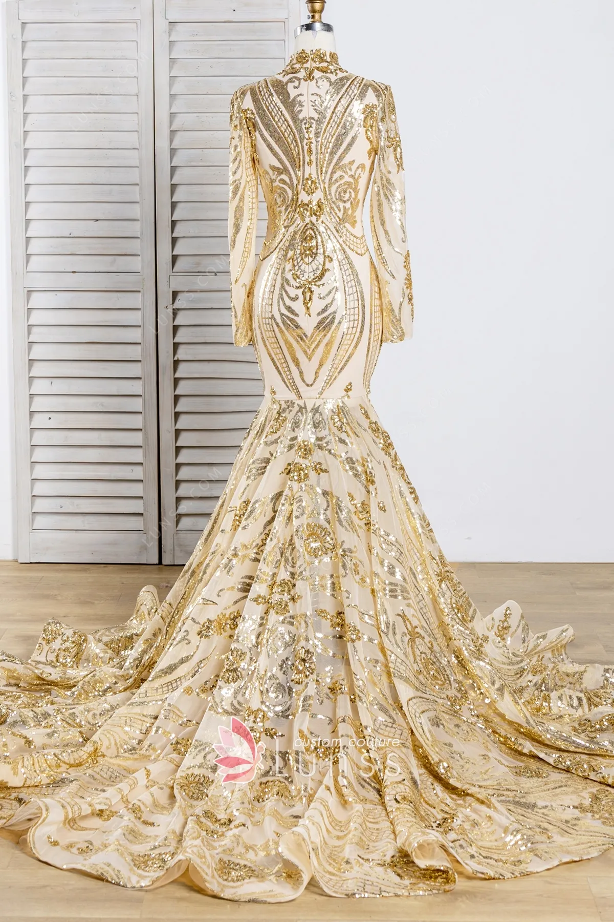 Sparkly Gold Unique Geometric Pattern Sequin Prom Dress - Lunss