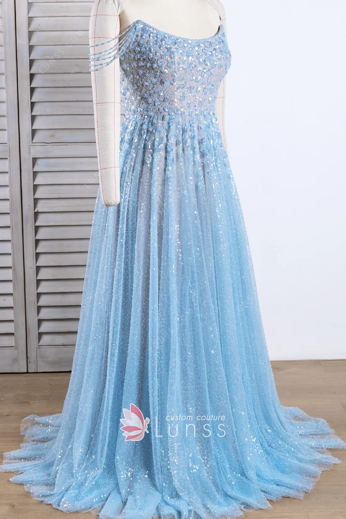Sparkly Baby Blue Petals Sequin Tulle A-line Formal Dress - Lunss