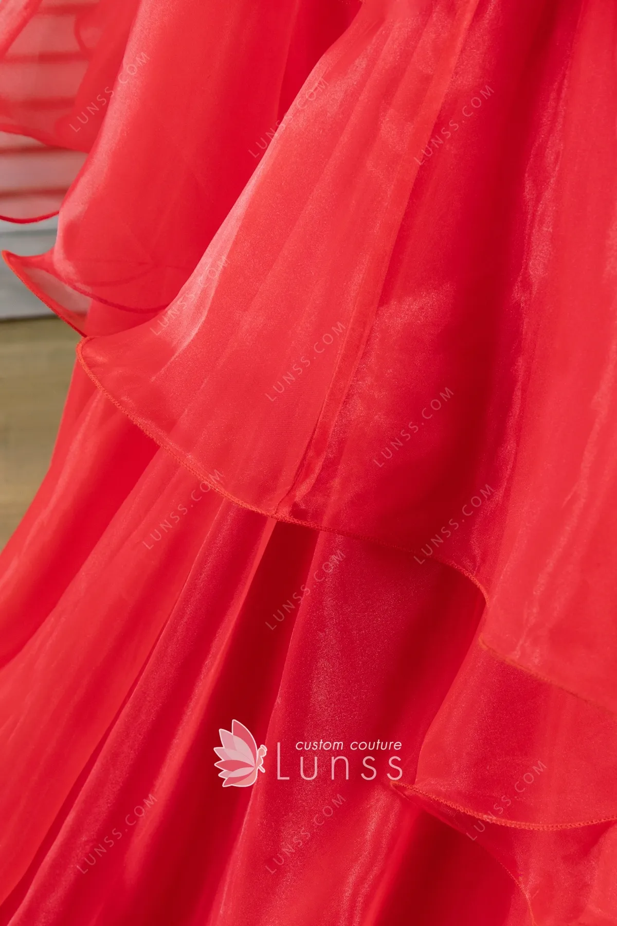 Tiered Ruffled Red Organza Ball Gown with Bishop Sleeves - Lunss