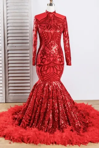 Off-shoulder Sleeve Unique Sequin and Feather Prom Dress - Lunss