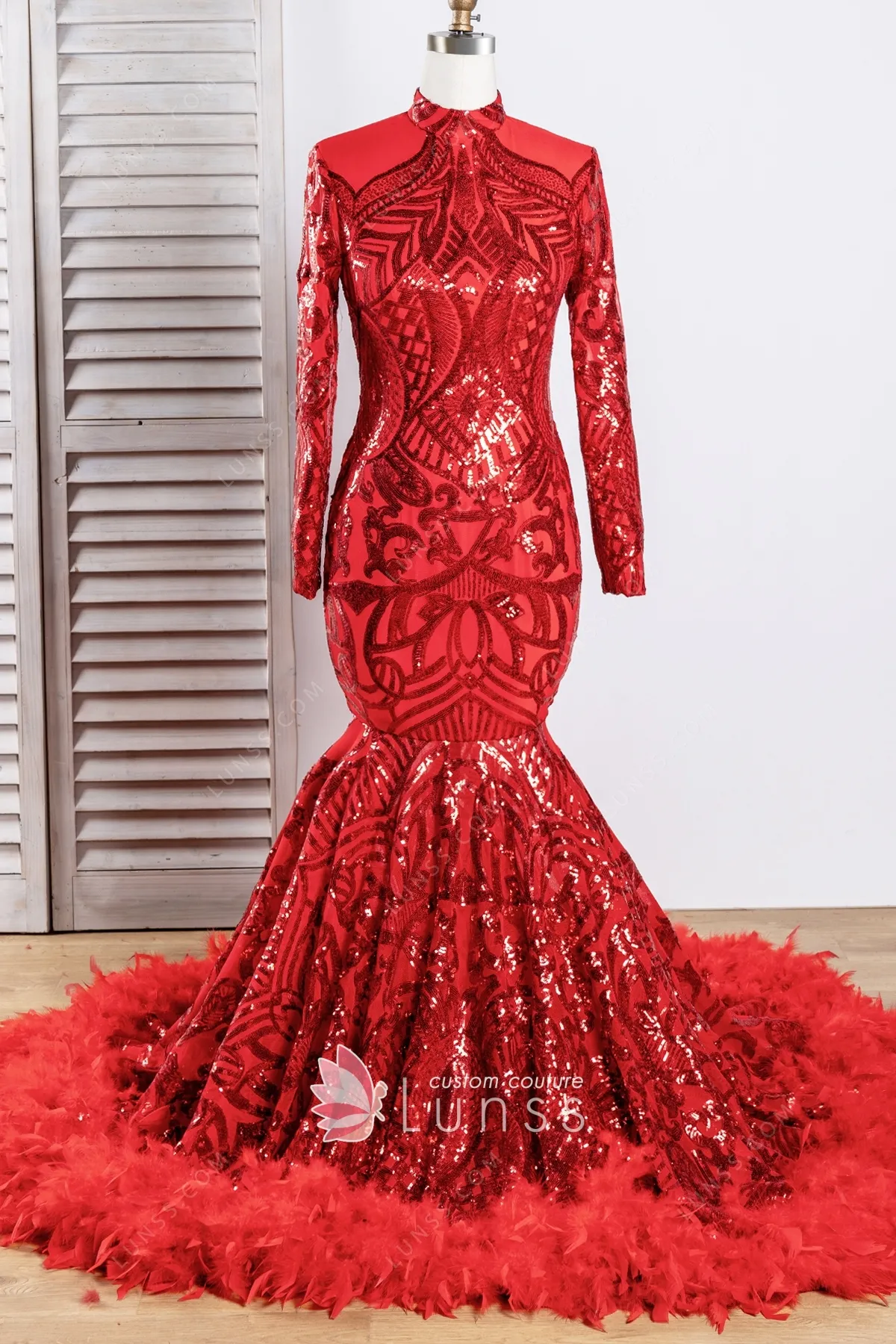 Sparkly Unique Red Sequin Long Feather Train Prom Dress - Lunss