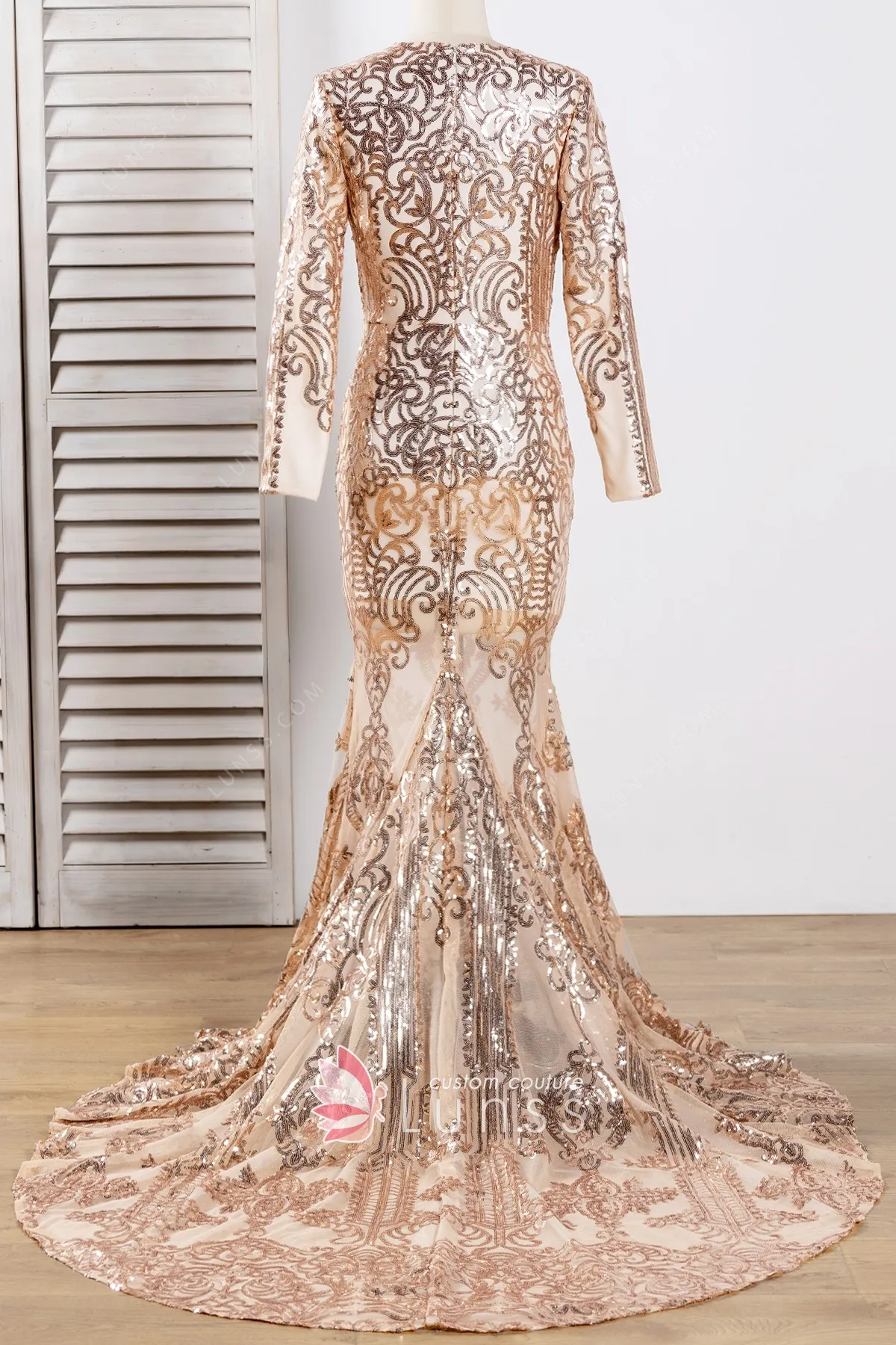 Unique Geometric Pattern Champagne Gold Sequin Prom Dress - Lunss