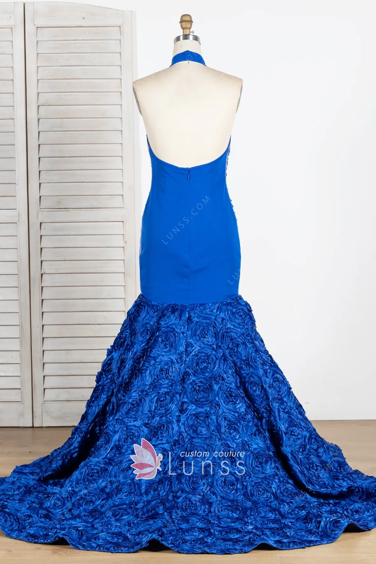 Unique Beading Lace Royal Blue 3D Rose Trumpet Prom Dress - Lunss