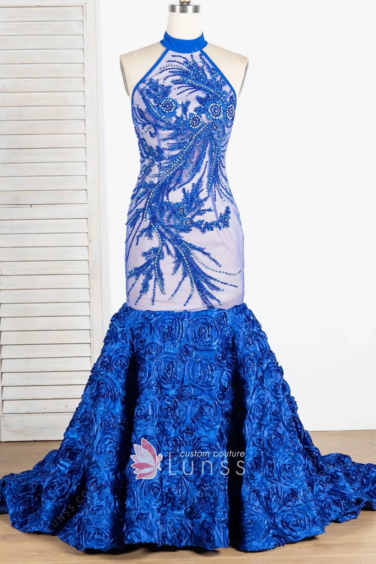 Unique Beading Lace Royal Blue 3D Rose Trumpet Prom Dress - Lunss