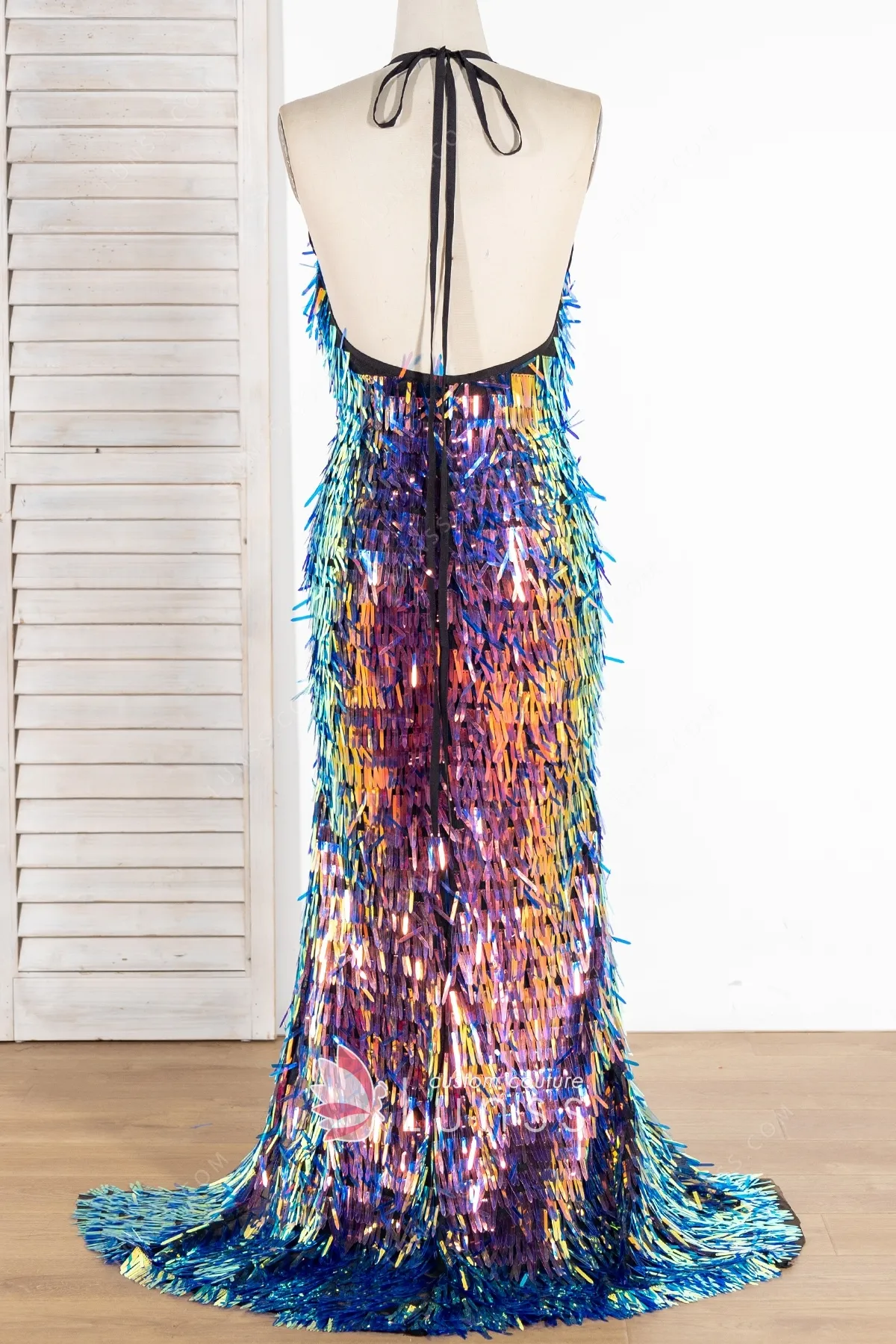 Sparkly Bedazzled Iridescent Sequin Slit Long Prom Dress - Lunss