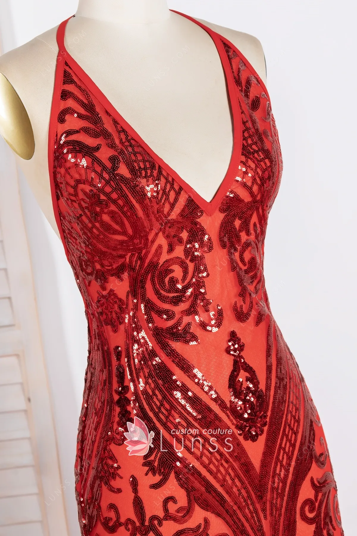 Red Sequin 3D Rosette Trumpet African American Prom Dress - Lunss