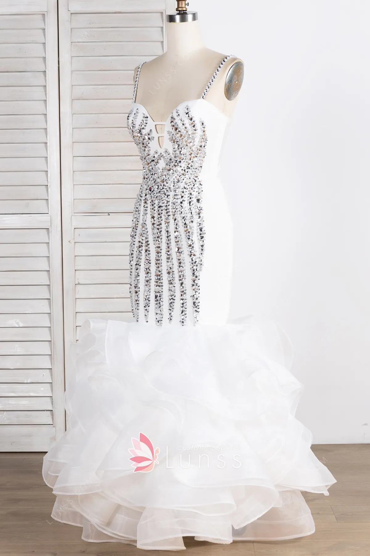 Beaded White Ruffled Organza Trumpet Long Prom Dress - Lunss