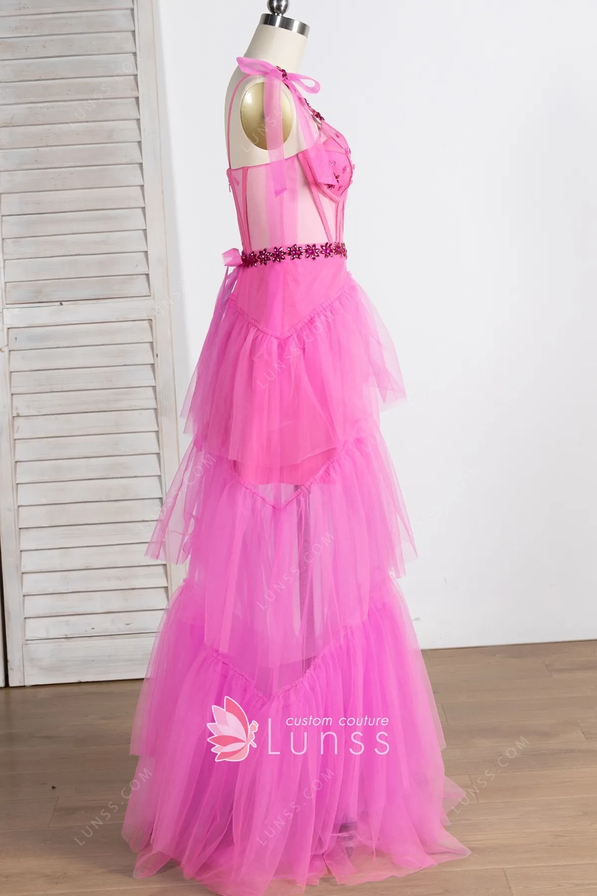 Magenta Crystals Beaded Candy Pink Sheer Tiered Prom Gown - Lunss