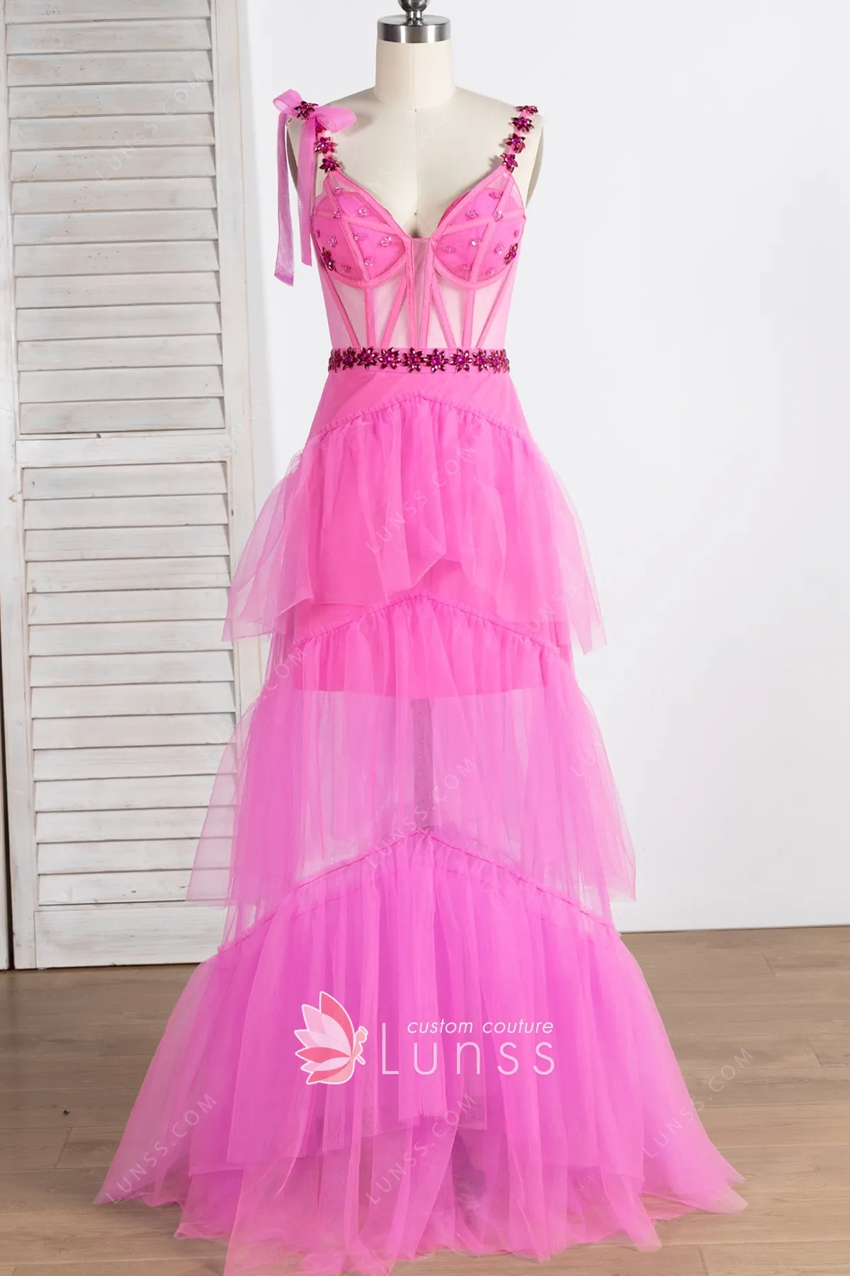 Magenta Crystals Beaded Candy Pink Sheer Tiered Prom Gown - Lunss
