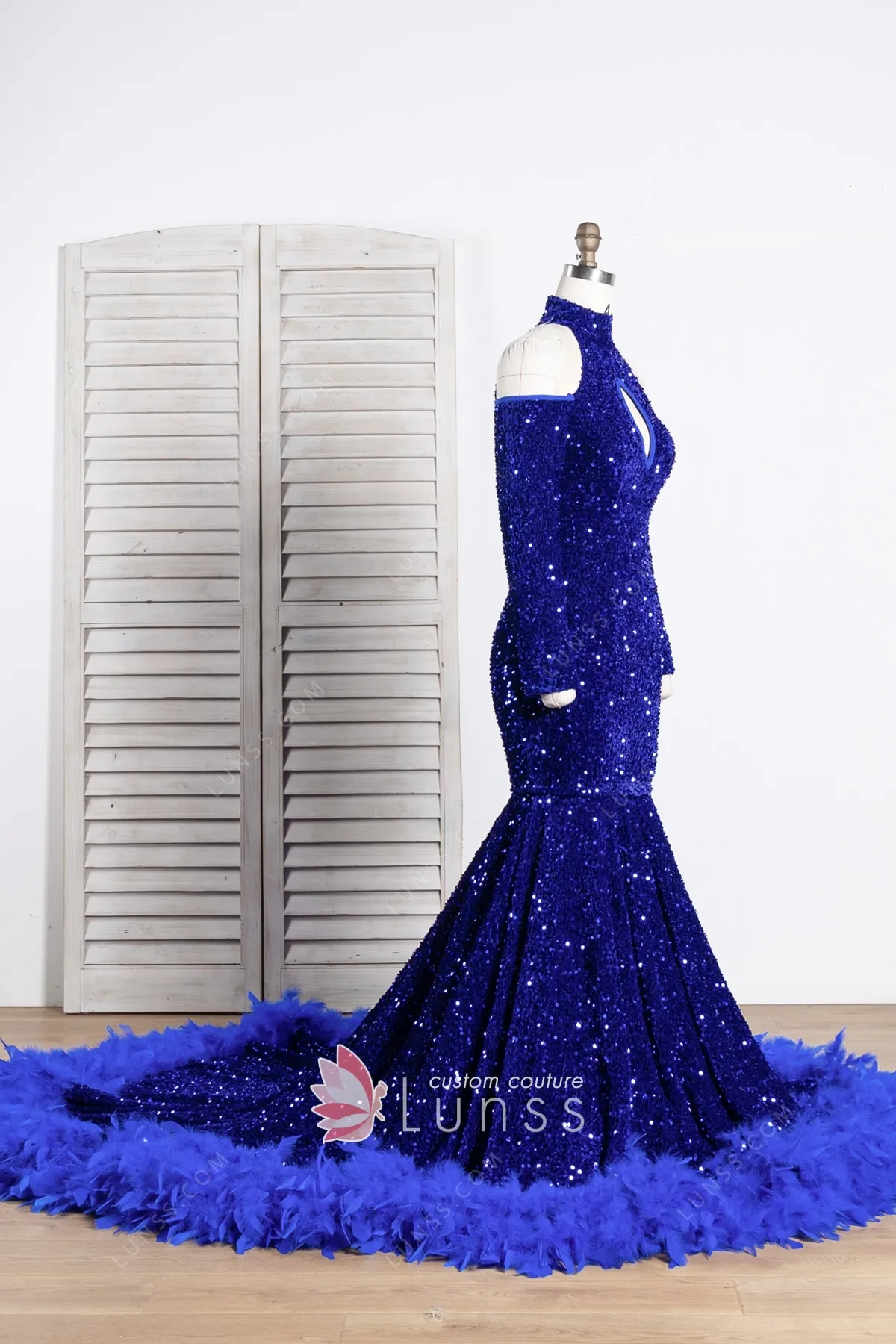 Unique Royal Blue Sequin Feather Long Train Prom Dress - Lunss