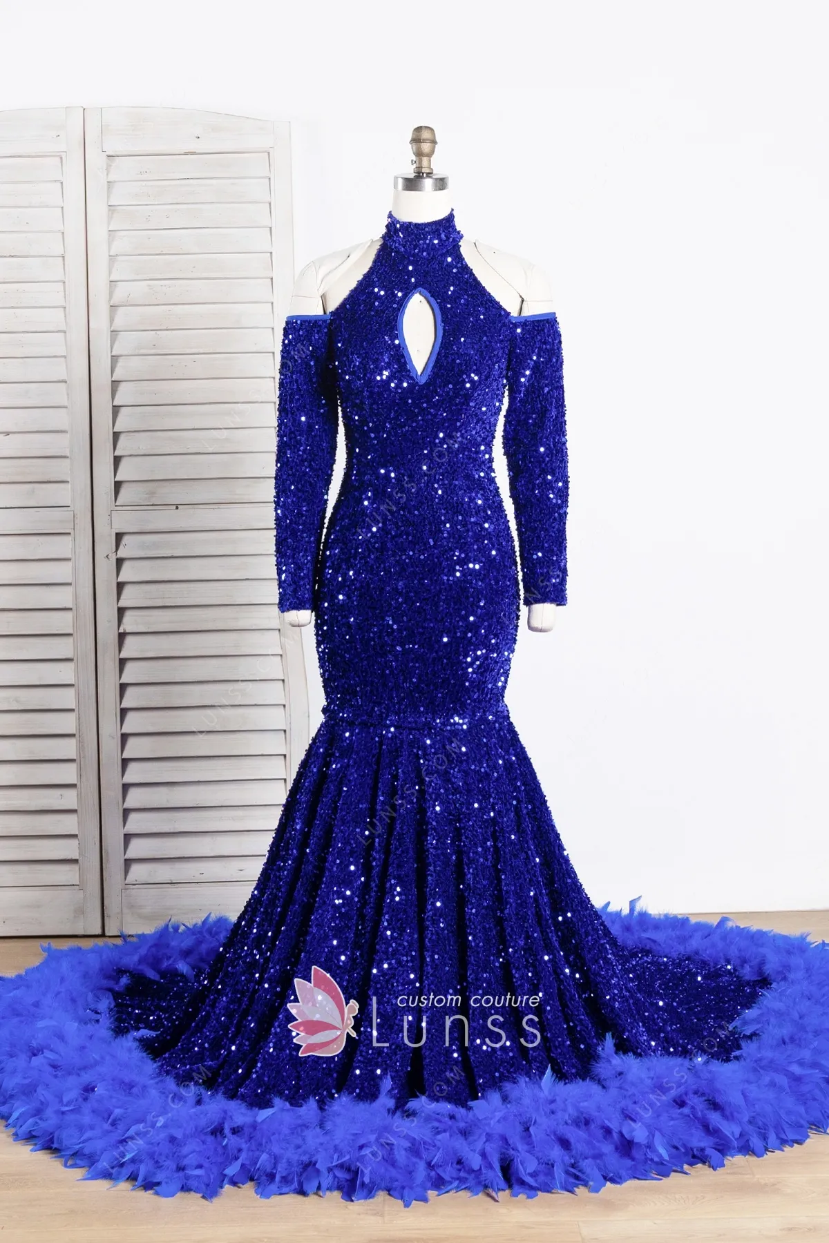 Unique Royal Blue Sequin Feather Long Train Prom Dress - Lunss