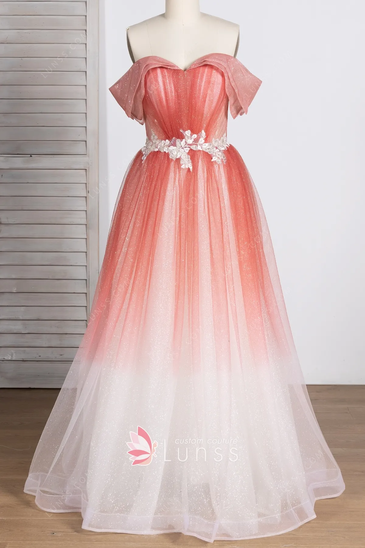 Salmon to White Ombre Glitter Tulle Long Fancy Prom Dress - Lunss