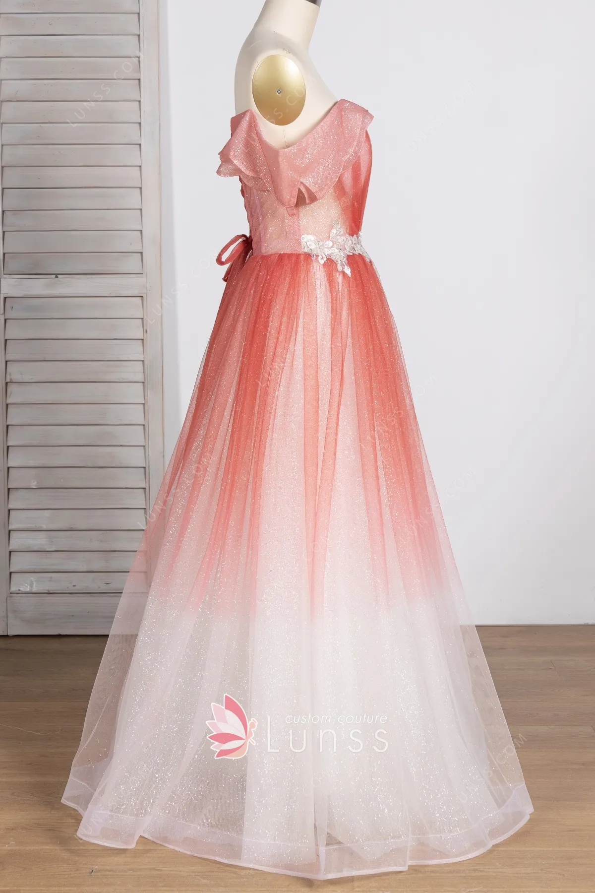 Salmon to White Ombre Glitter Tulle Long Fancy Prom Dress - Lunss