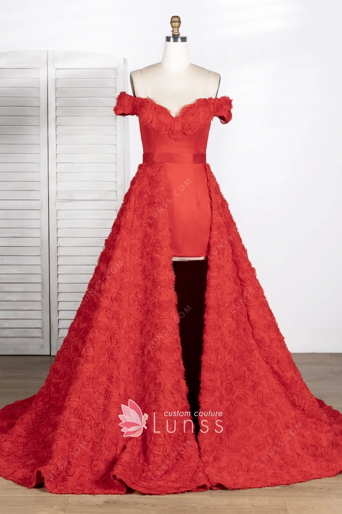 Gorgeous Red Bodycon with Split 3D Rosette Overskirt - Lunss