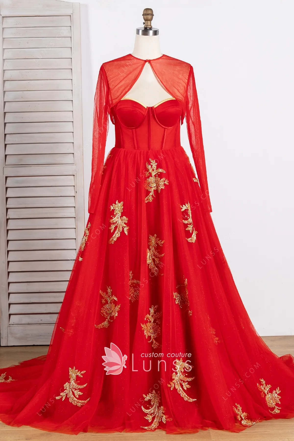 Amazing Chinese Style Red Tulle Gold Lace Formal Dress - Lunss