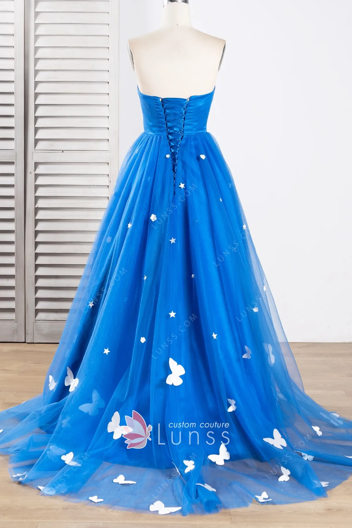 Ocean Blue Tulle White Butterflies Strapless Prom Dress - Lunss
